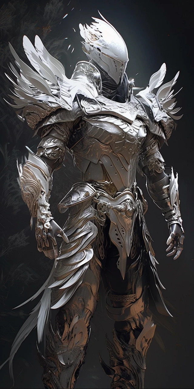 A Warrior with wide feathery white futuristic metal armor, a strong ...
