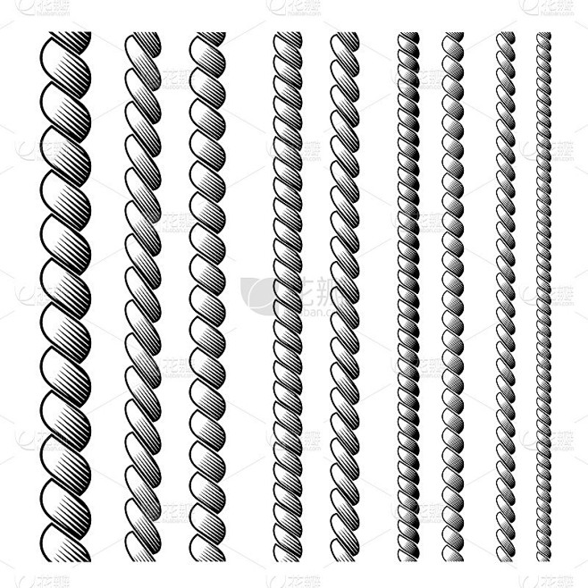 Ropes in engraving style collection. Vector vertic