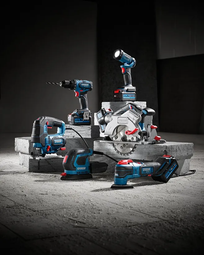 Erbauer Range, showcasing EXT 18V and corded power tools. Brand ...