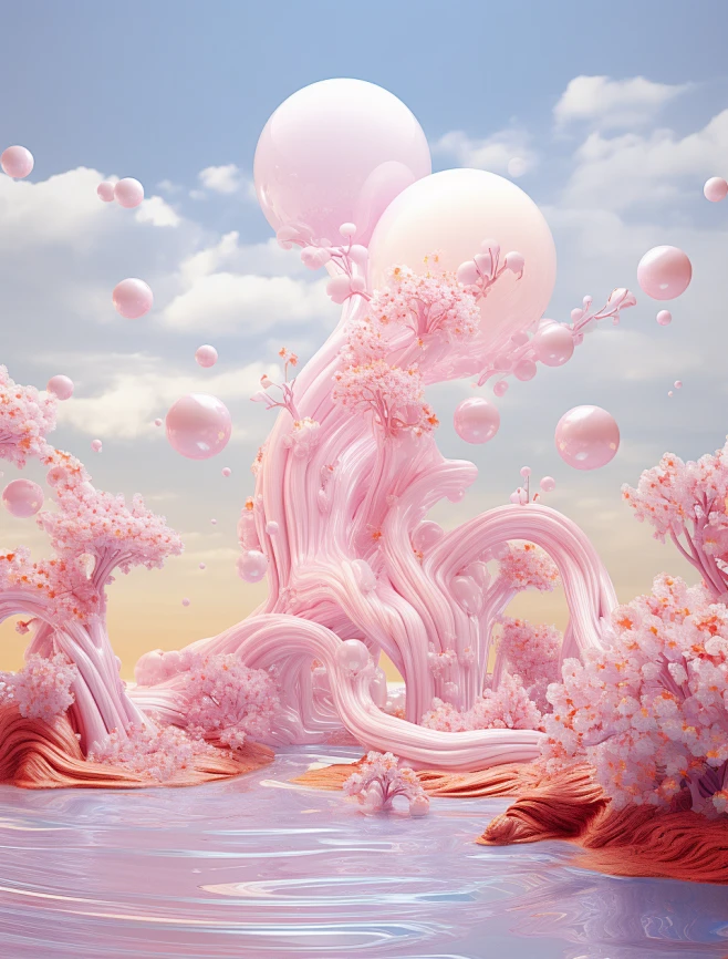 the design of a pink tree in the ocean, in the style of mixes realistic ...