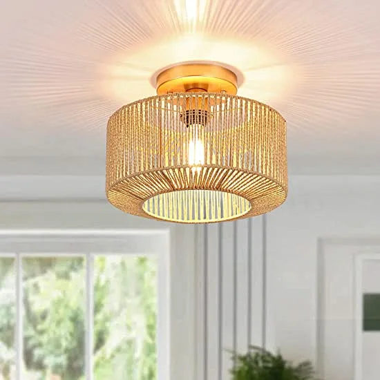 SHUPREGU Ceiling Light Fixture Rattan Light Fixture,Boho Light Fixture Semi Flush Mount Ceiling ...