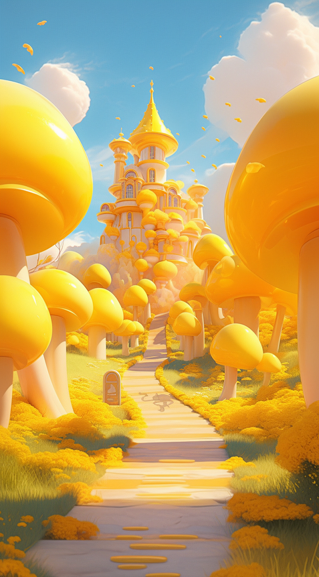 yellow golden road to a yellow castle, in the style of rendered in ...