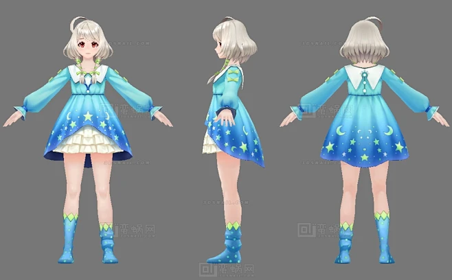 手绘日韩风二次元美少女 美少女 小公主 可爱小女孩 小姑娘 小妹妹 小孩子 蓝色裙子 摆裙 - 综合模型 蛮蜗网-花瓣网