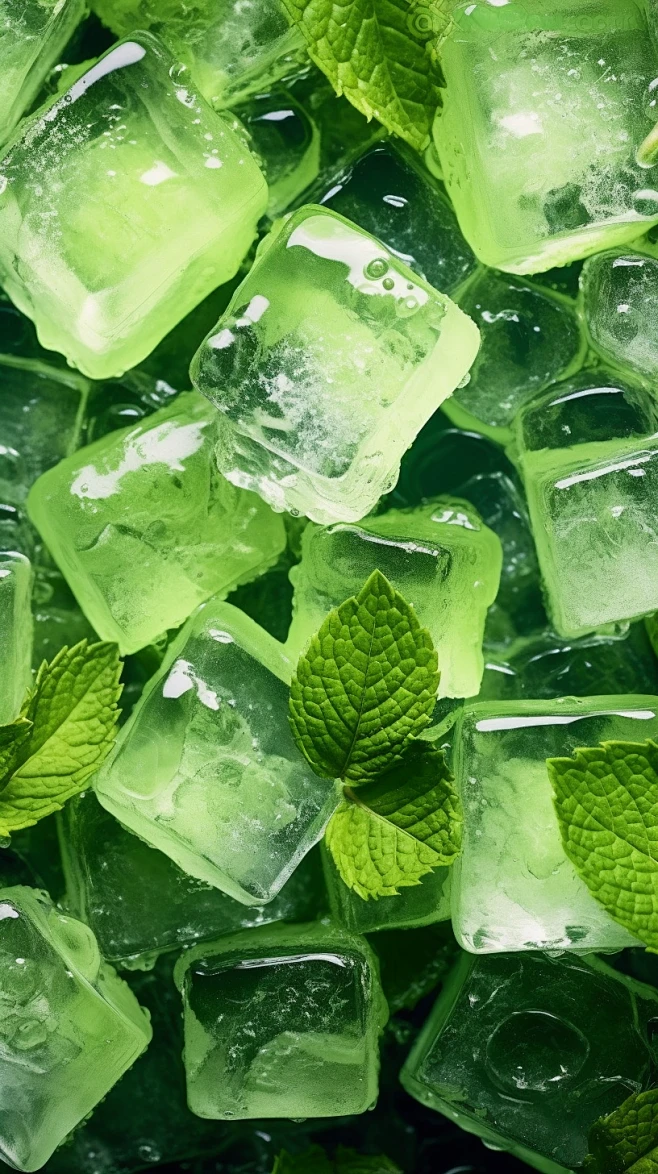 The background of fresh ice cubes is adorned with sparkling water ...