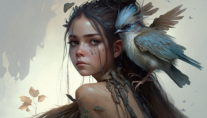 Faery girl with moth wings, sitting on top of a bluejay bird, an album ...
