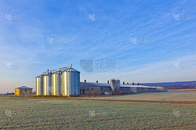 冬天在田地中间的筒仓素材-花瓣网