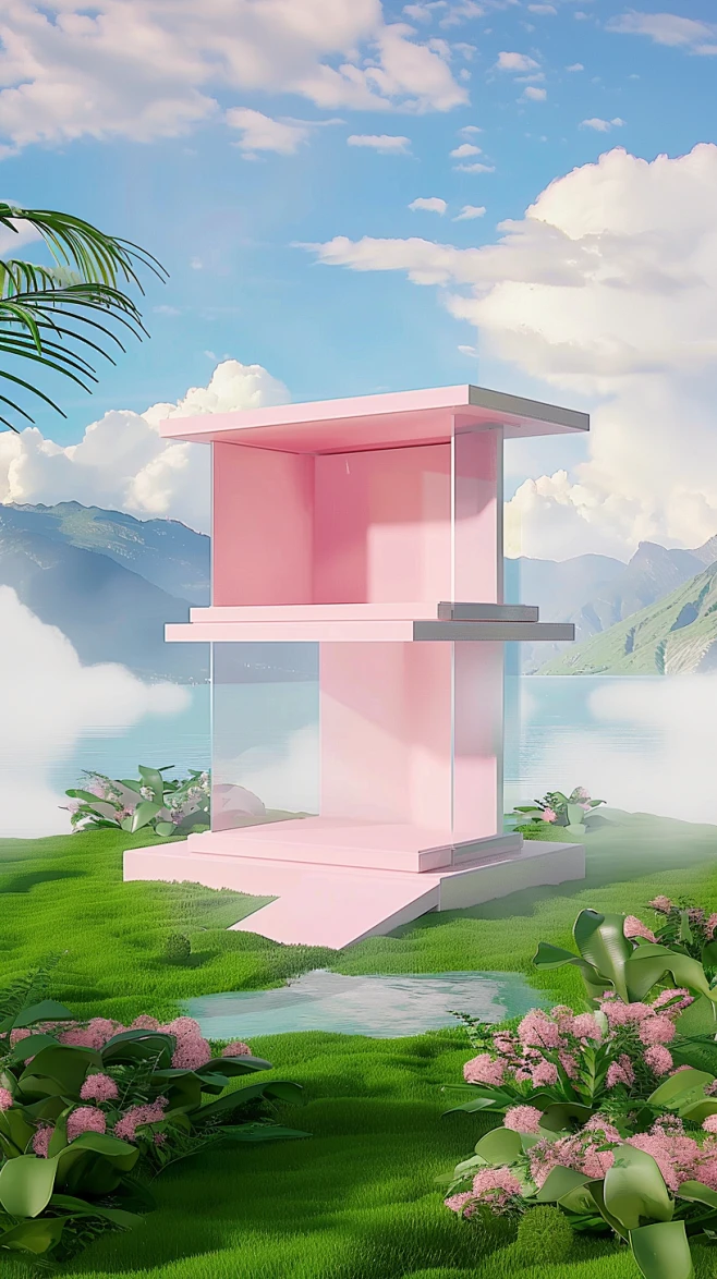 ls7623_Two_tier_pink_minimalist_booth_on_green_grass_the_booth ...