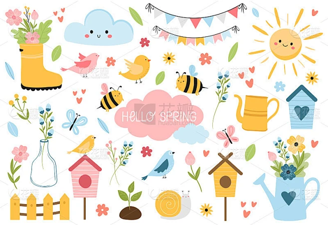 Hello Spring元素设置。手绘，卡通风格矢量插图素材-花瓣网