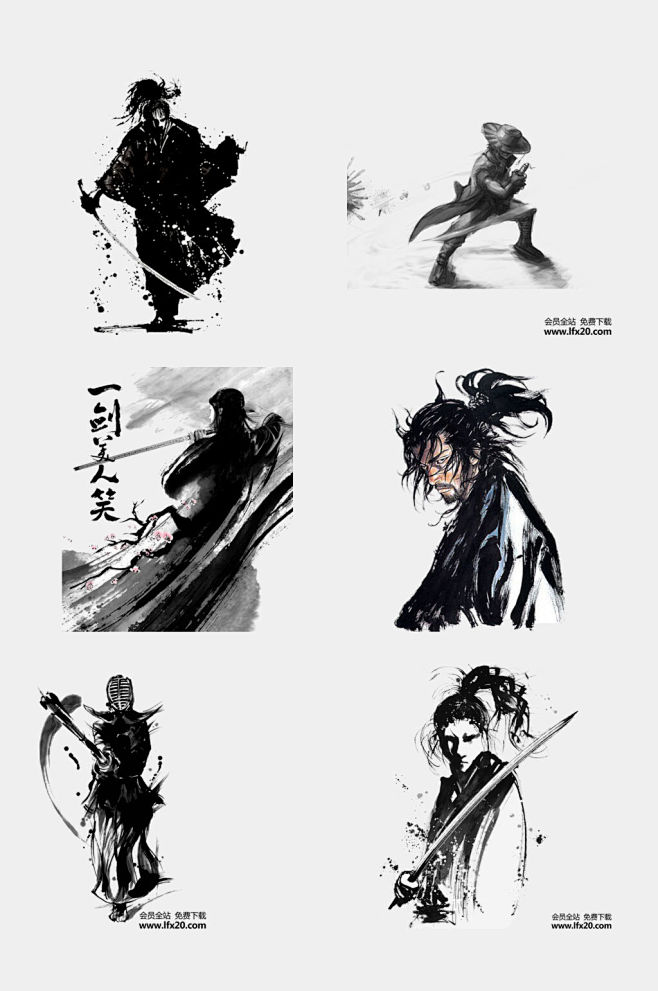 独特水墨武侠打斗武器手绘免抠素材-众图网
