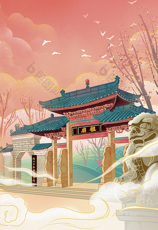 红色唯美中国风佛山祖庙建筑插画图片模版-花瓣网