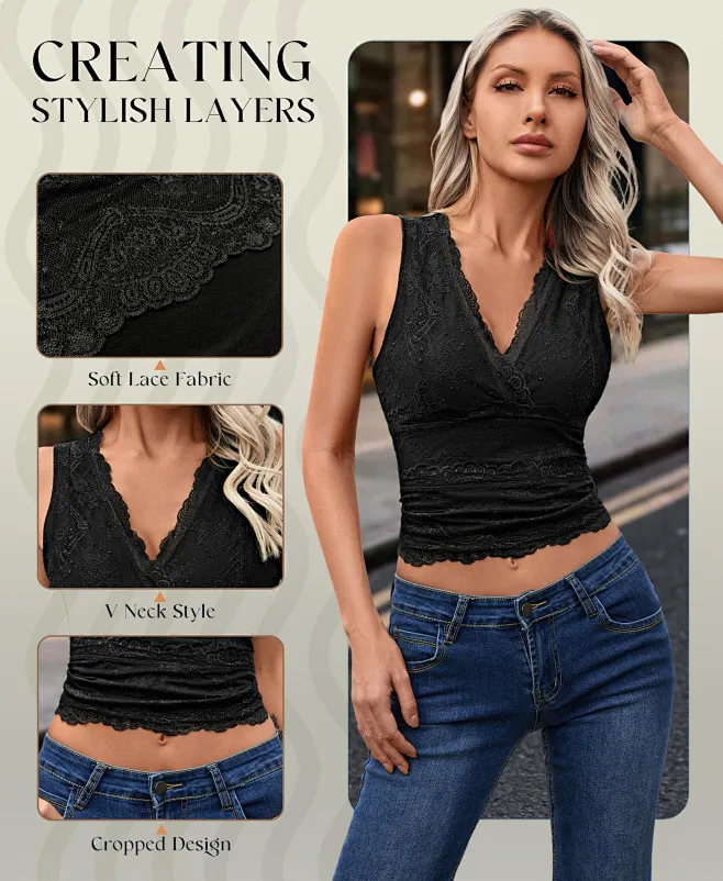 ADORPOP Womens Lace Tank Tops - V Neck Camisole Sleeveless Sexy Going ...