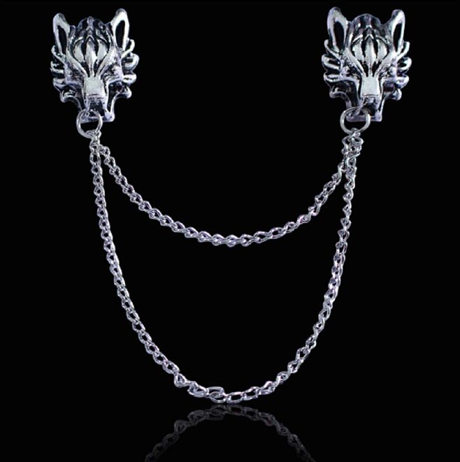 Amazon.com: Lzz Men's Wolf Head Brooch Silver Chain Fringe Collar Pin ...