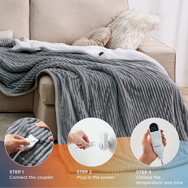 Amazon.com: Bedsure Heated Blanket Electric Throw - Soft Ribbed Fleece Fast Heating Electric ...