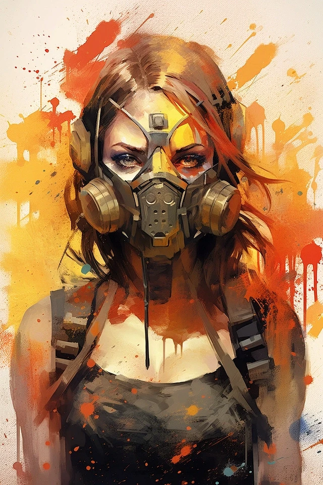 a young girl wearing a mask, with paint and paint splatters, in the ...