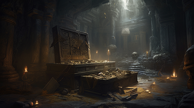 A_dark_damp_tomb_Stacked_with_treasure_boxes_gold_silver_a_a67e92a3 ...