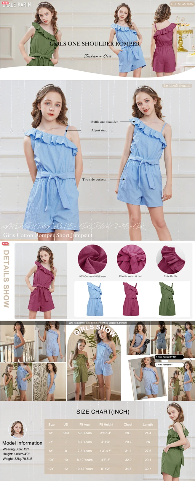 Amazon.com: GRACE KARIN Girls Romper Cotton Clothes Size 10-12 Summer Playsuit High Waist ...