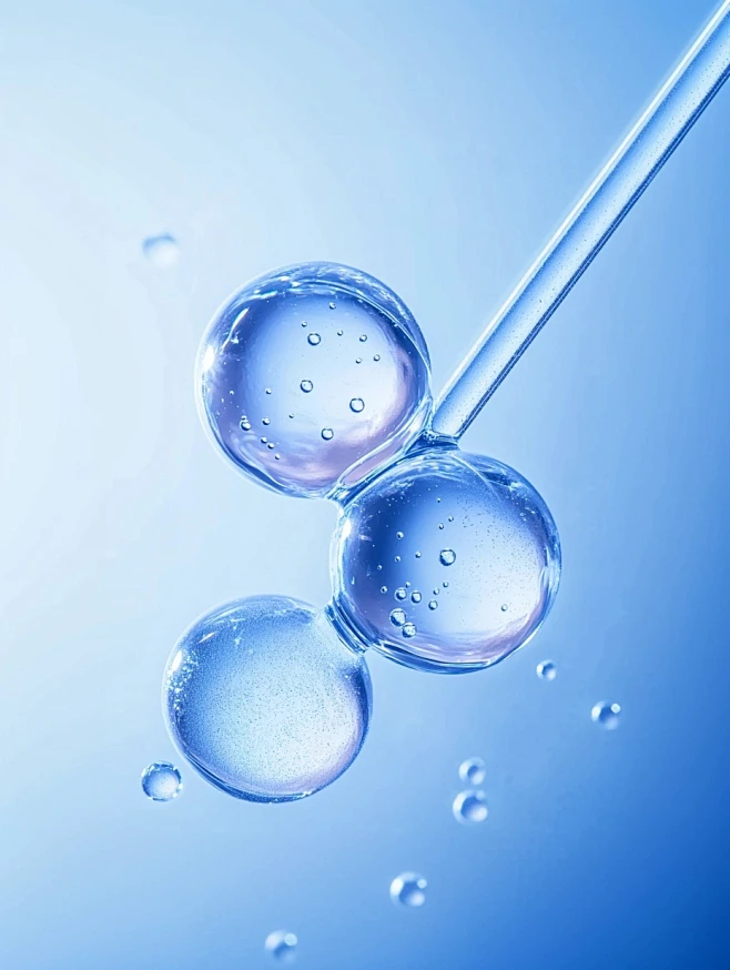 A blue and white background with three water molecules floating in the ...