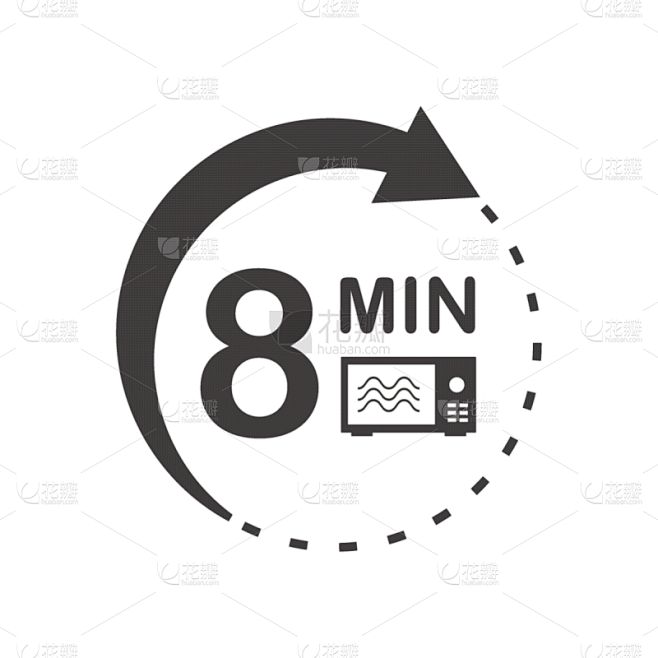 Eight minutes icon. Cook in microwave sign. Heat 8 minutes.