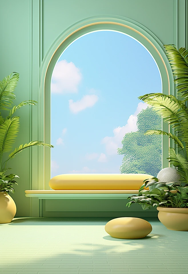an open green room with a window and plants, in the style of rococo ...