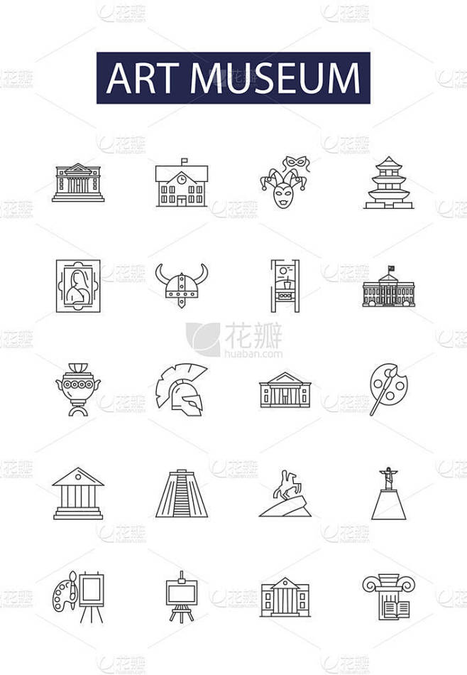 艺术博物馆线矢量图标和标志。博物馆、画廊、展览、雕塑、绘画、杰作、藏品、创意矢量画集