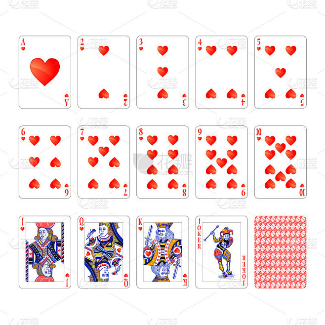 完整的一套红桃套装扑克牌与小丑孤立在白色