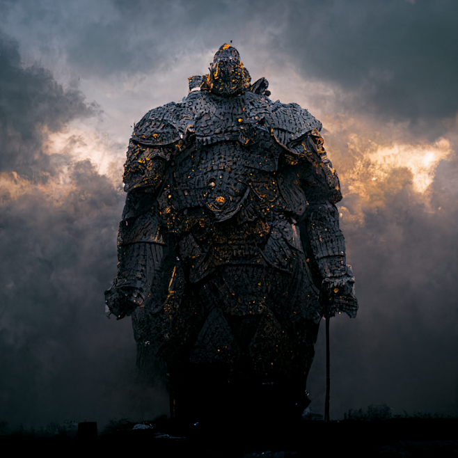 mj004_Armored_giant_with_spear_and_shield_standing_on_the_roof ...