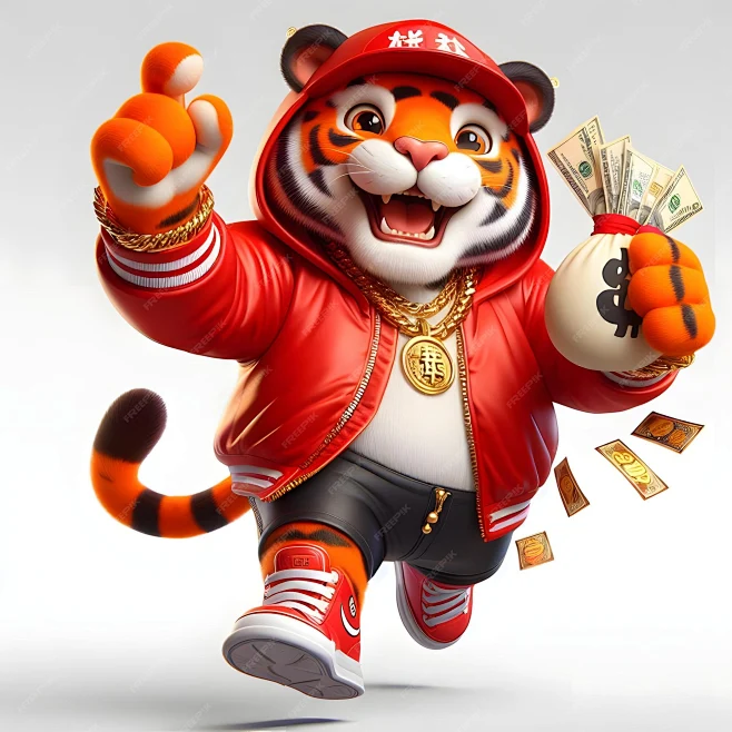 a tiger mascot with a red jacket and a number 5 on it-花瓣网