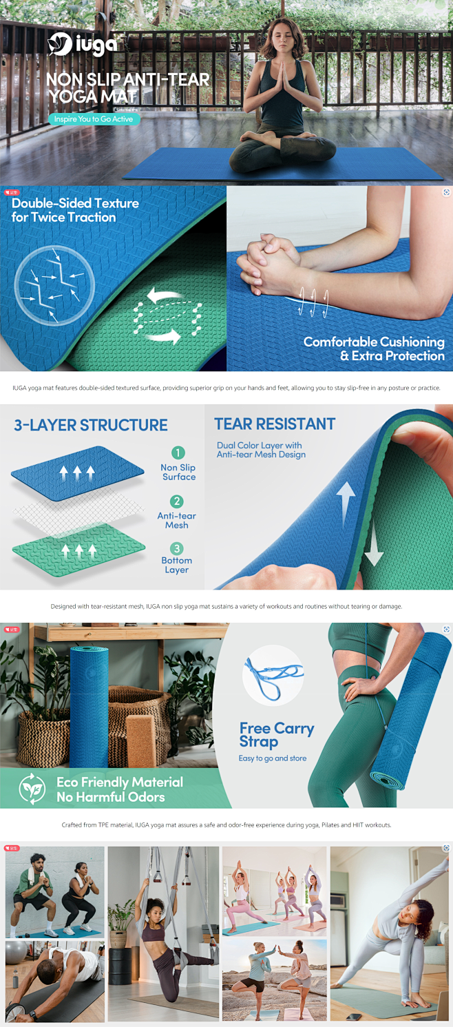 Amazon.com : IUGA Yoga Mat Non Slip Textured Surface, Reversible Dual ...