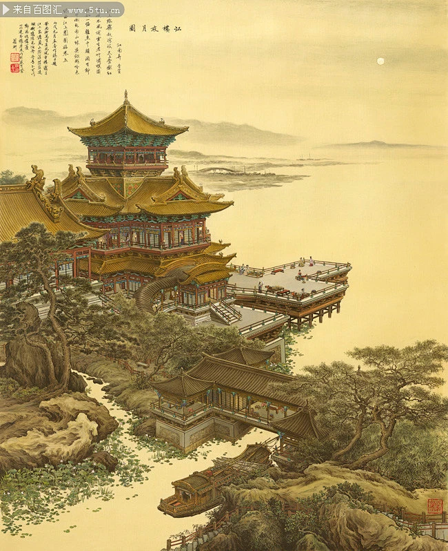 中国风山水 江楼夜月_近现代_张孝友 -花瓣网