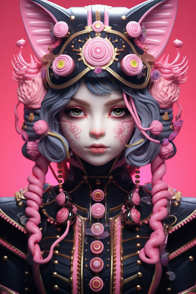 Create a beautiful youth adult cat female with pink and blue streaked ...