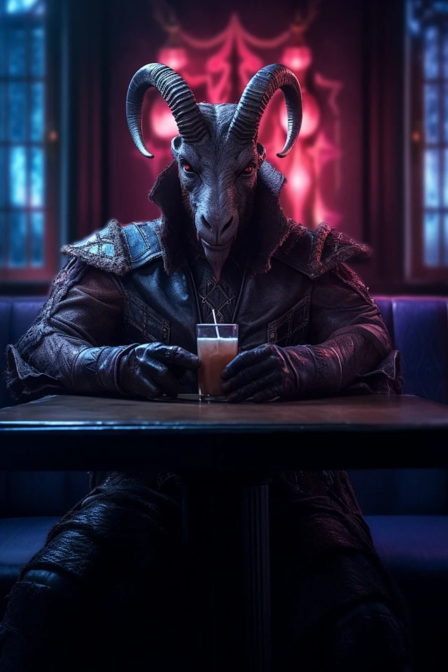 An alien xenomorph dressed as a dark mystical satanic goat sitting in a ...