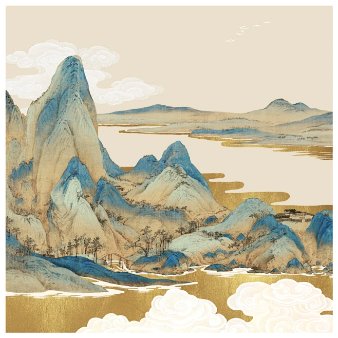 新中式山水画｜板绘青绿山水插画_3-花瓣网