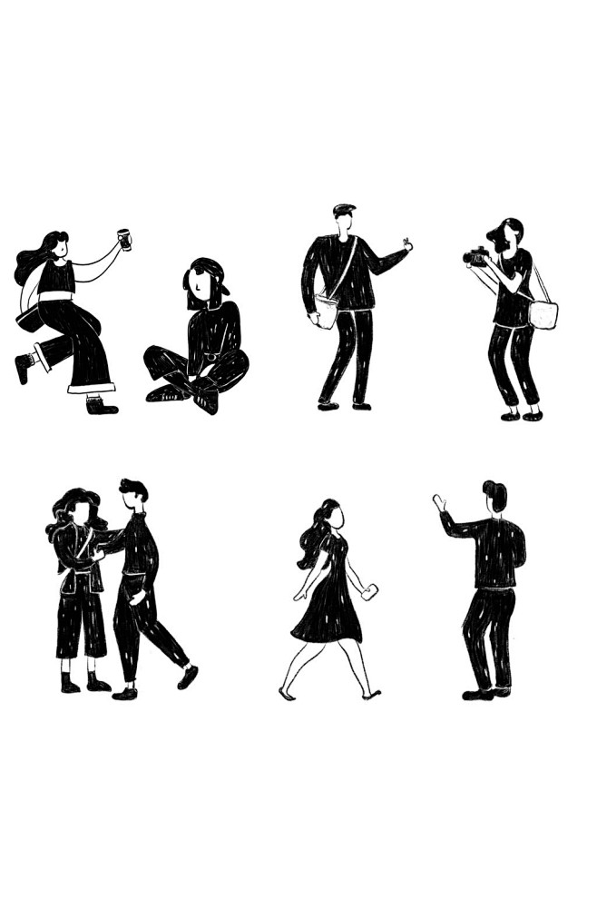 日常逛街看展铅笔手绘感人物剪影免扣元素