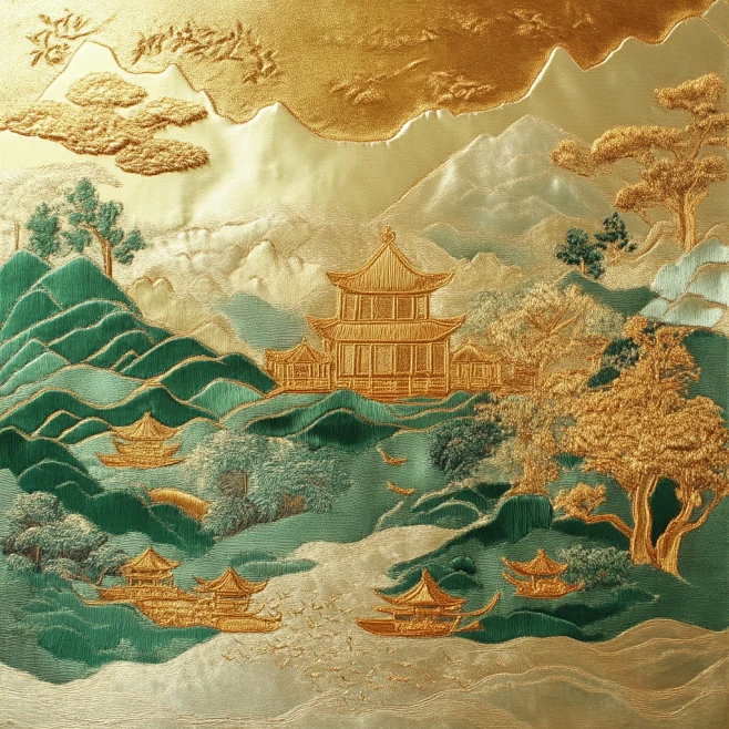 chinese embroidery craft of golden-green mountain with pavilions and ...