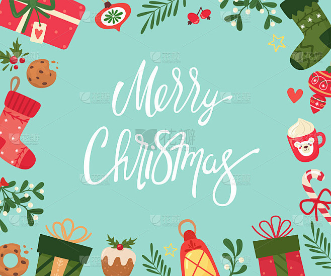Banner Merry Christmas with seasonal elements. Vec