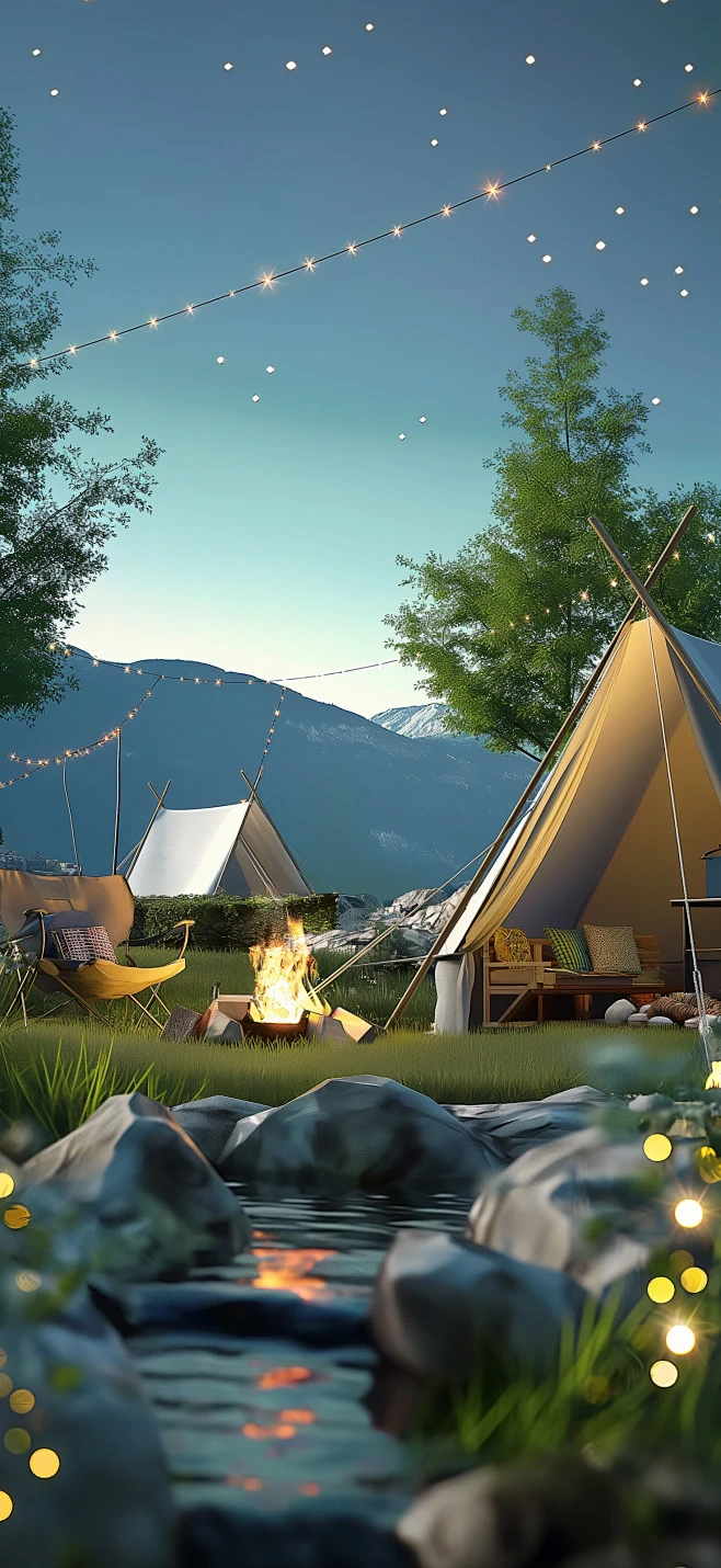 3D rendering of outdoor camping tents at night, with a grassland ...