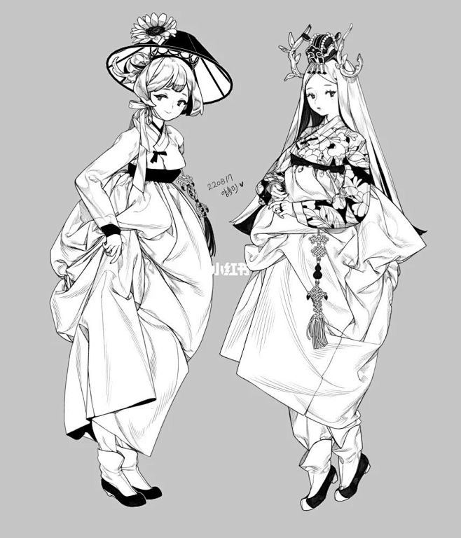 画师分享/“要来和我们一起跳舞吗” : 画师：양흑미uㅅu 老师的线条真的绝美啊啊啊啊啊，这个布褶我可以看一辈子！ 即使是线稿也是动态超级香 ...