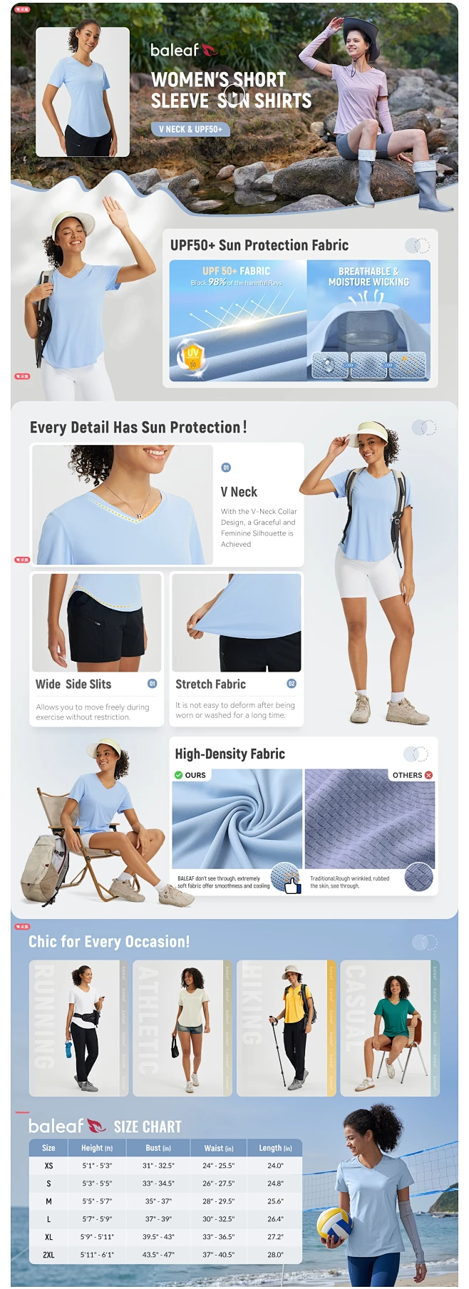 Amazon.com: BALEAF Women's Short Sleeve Shirts UPF 50+ Sun Shirt V Neck UV Protection Workout ...