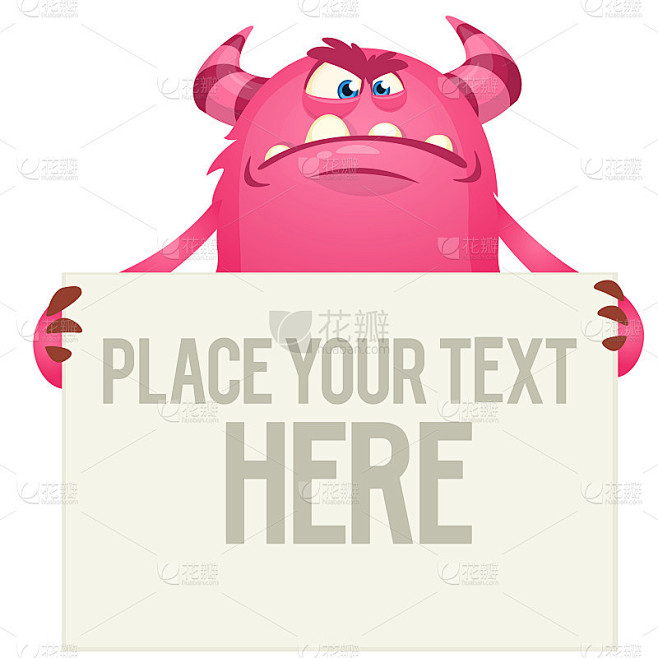 Cartoon monster holding blank sign with sample mes
