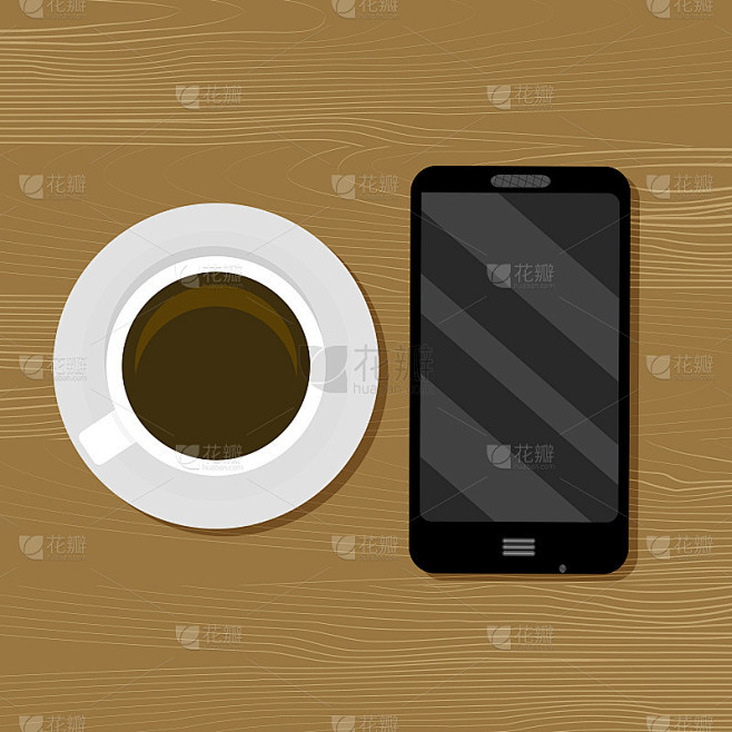 桌上放着一杯咖啡和手机