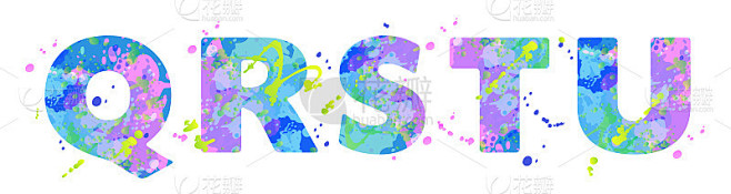 字母QRSTU与效果的液体点油漆在蓝色，绿色，粉红色的颜色，孤立的白色