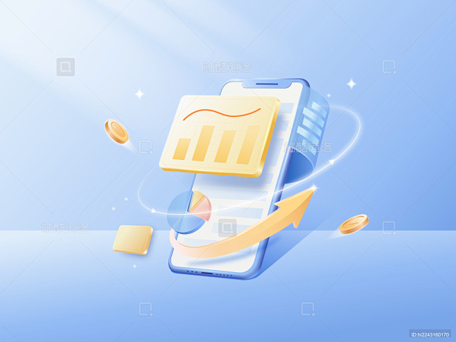 手机查看数据金融经济上升柱状图箭头插画2.5d矢量插图 hi2243160170