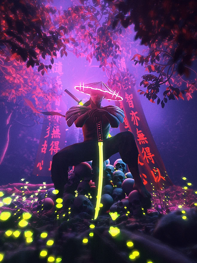 neon samurai Cyberpunk c4d Render redshift photoshop future asian acid-花瓣网