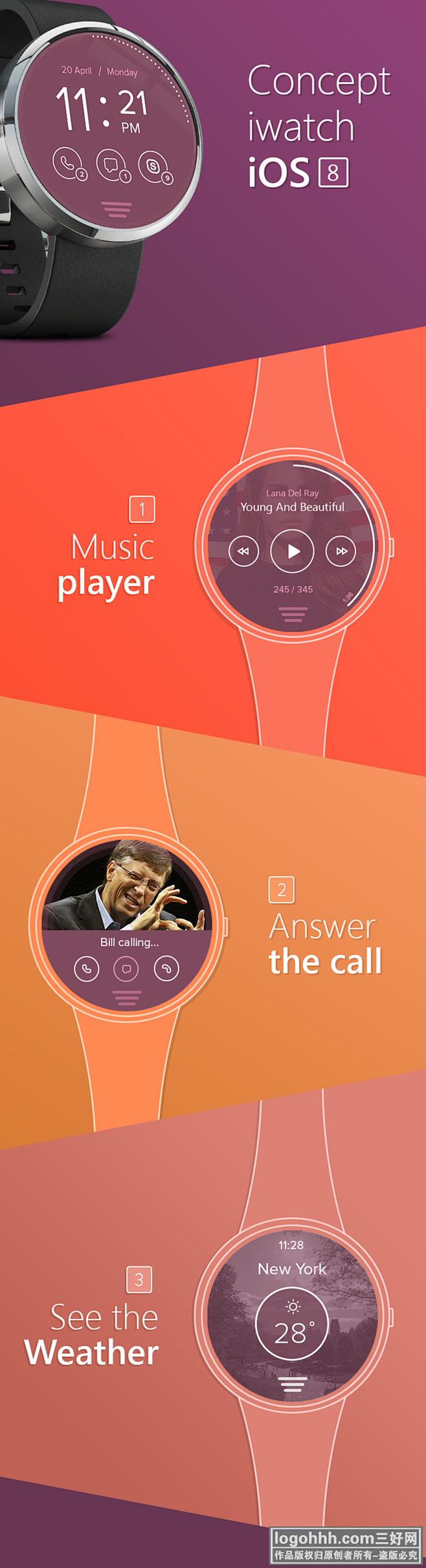UI/APP/酷站 iOS8 iWatch概念设计欣赏 产品概念设计创意 产品主题UI界面设计，唯美简洁大界面设计 #海报# #海报设计 ...