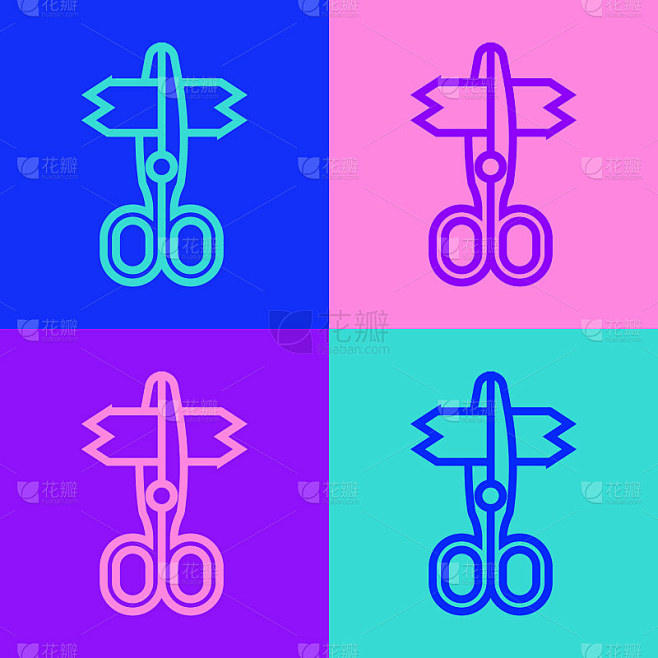 Pop art line Scissors icon isolated on color backg