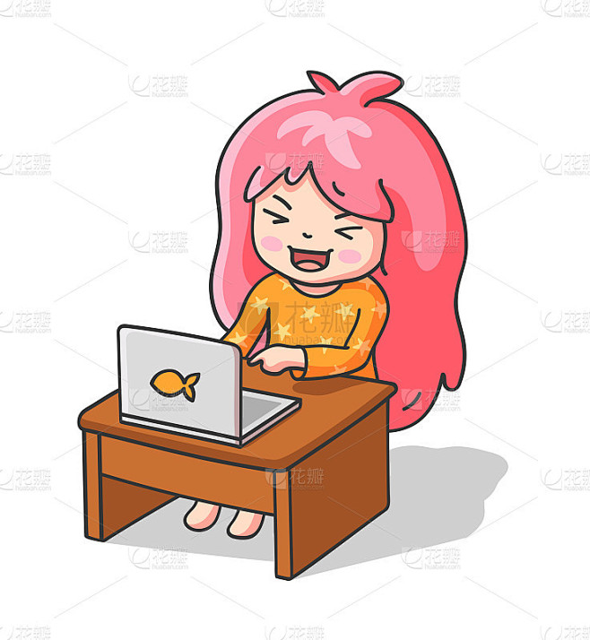 笑着盯着笔记本电脑的女孩。