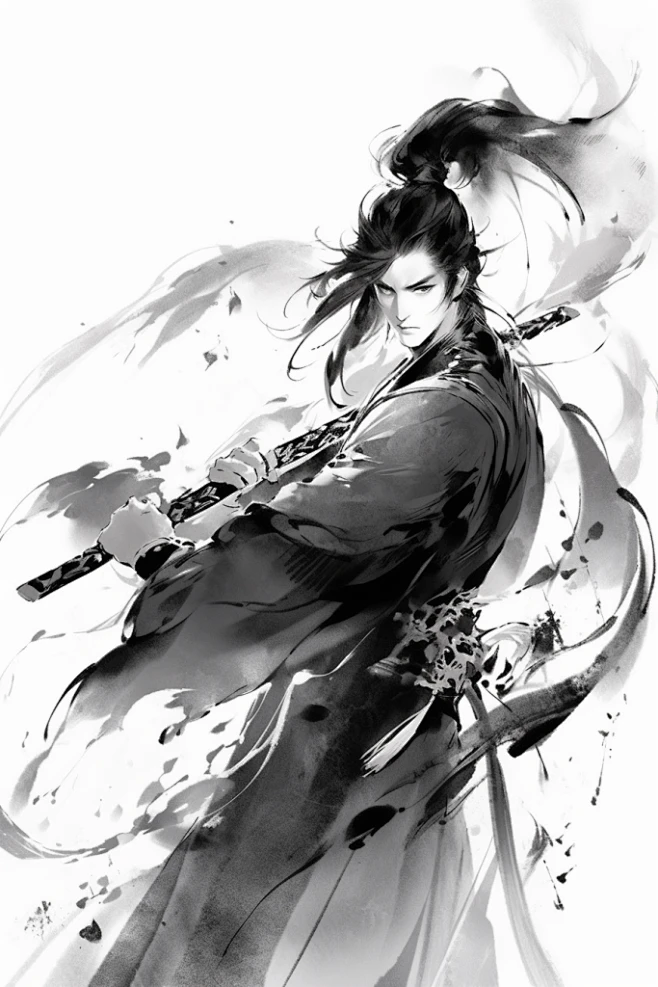 古风执剑少年水墨武侠剑客插画-花瓣网