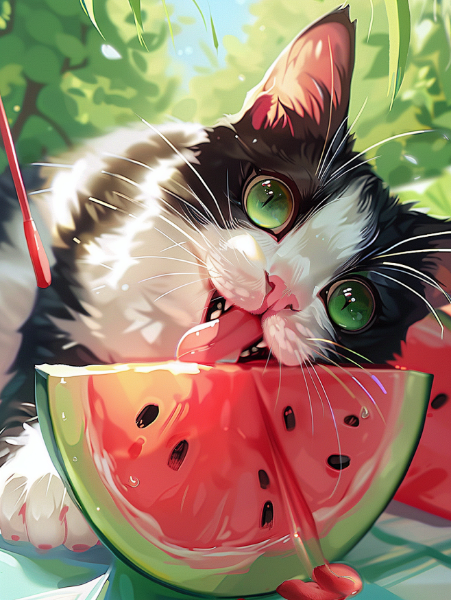 biffle4660_76650_Cute_anime_cat_eating_watermelon_colorful_back ...