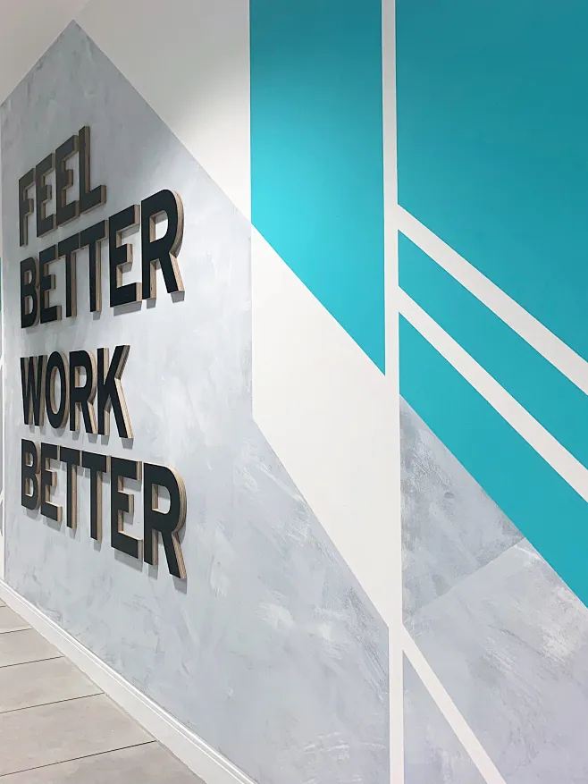 Hand-painted wall graphics mix flat colour with granite and other paint ...