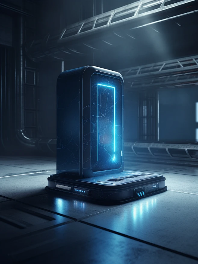 helloworld_A_futuristic_blue_metal_stage_with_a_power_bank_on_i ...